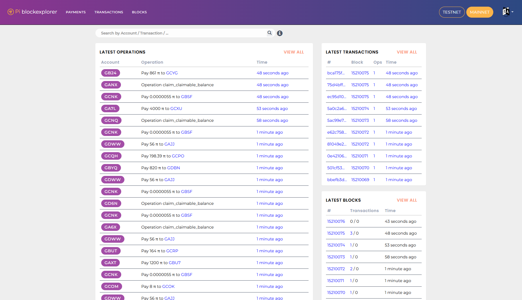 파이코인의 블럭데이터 정보를 볼 수 있는 Pi Explorer 입니다.